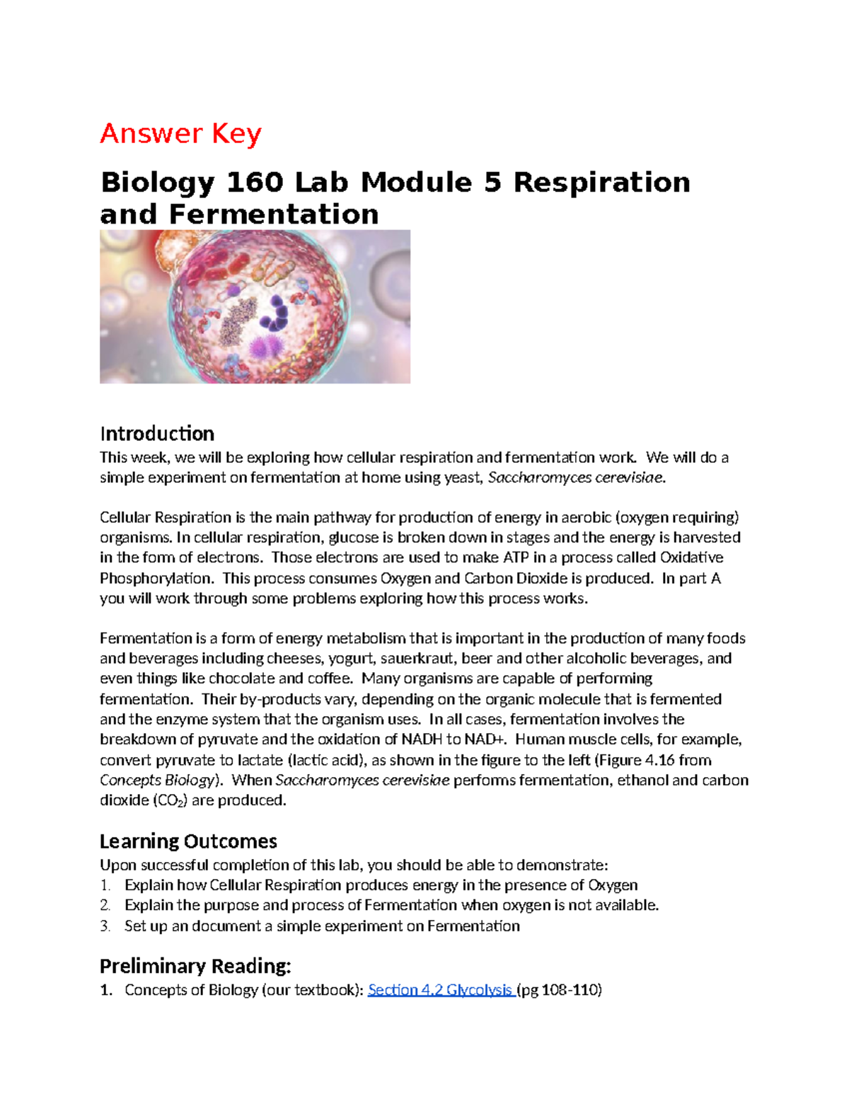 Bio160 F21 LM5 Fermentation Example Answer Key - Answer Key Biology 160 Lab Module 5 Respiration ...