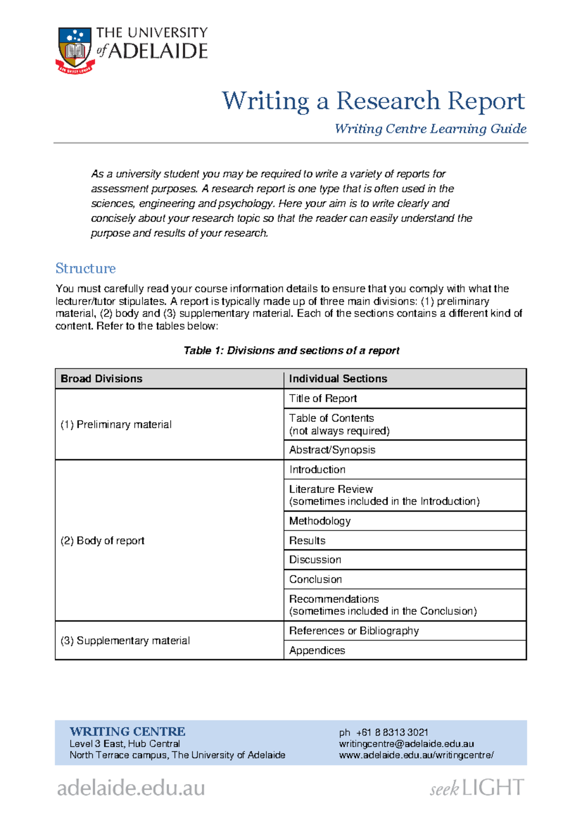 Learningguide-writingaresearchreport - WRITING CENTRE Level 3 East, Hub ...
