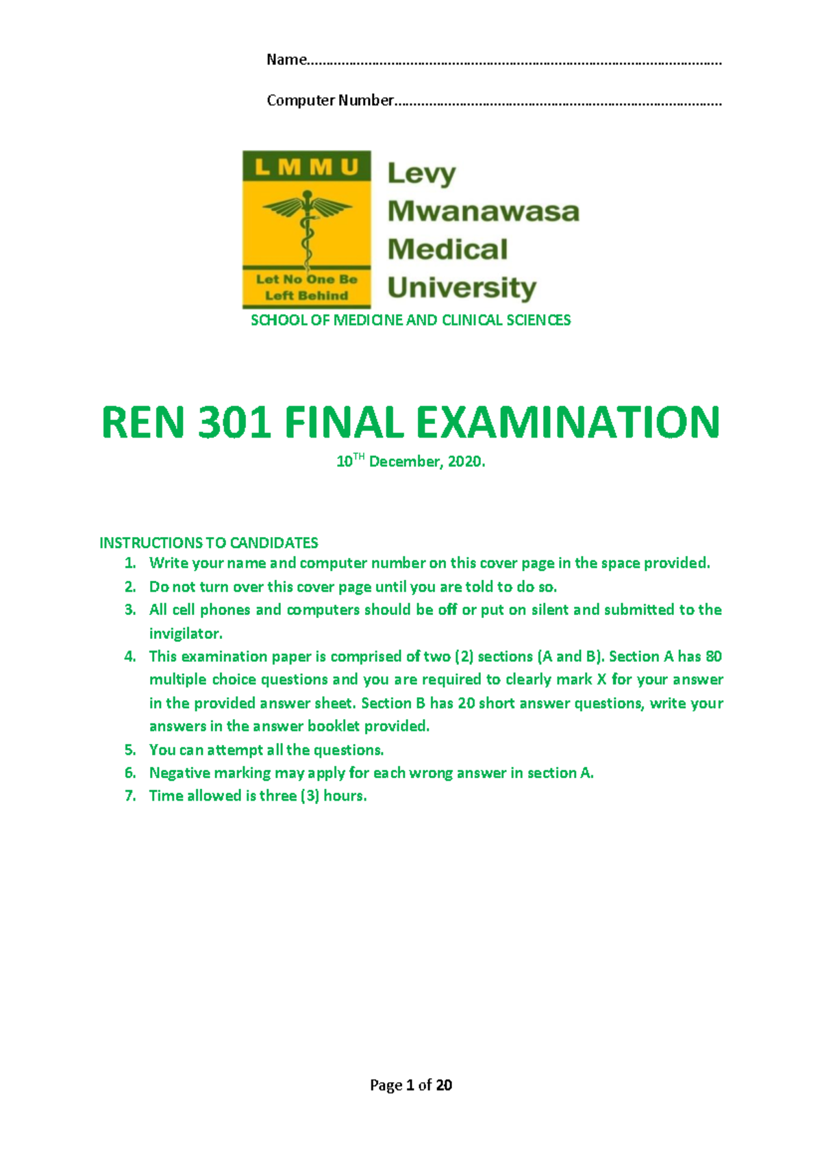 REN 301 Final EXAM - 2020 1 - Computer - Studocu