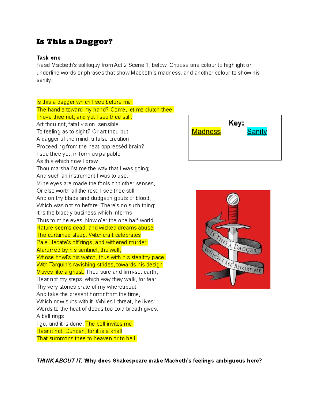 Copy of Is This a Dagger - Is This a Dagger? Task one Read Macbeth’s ...