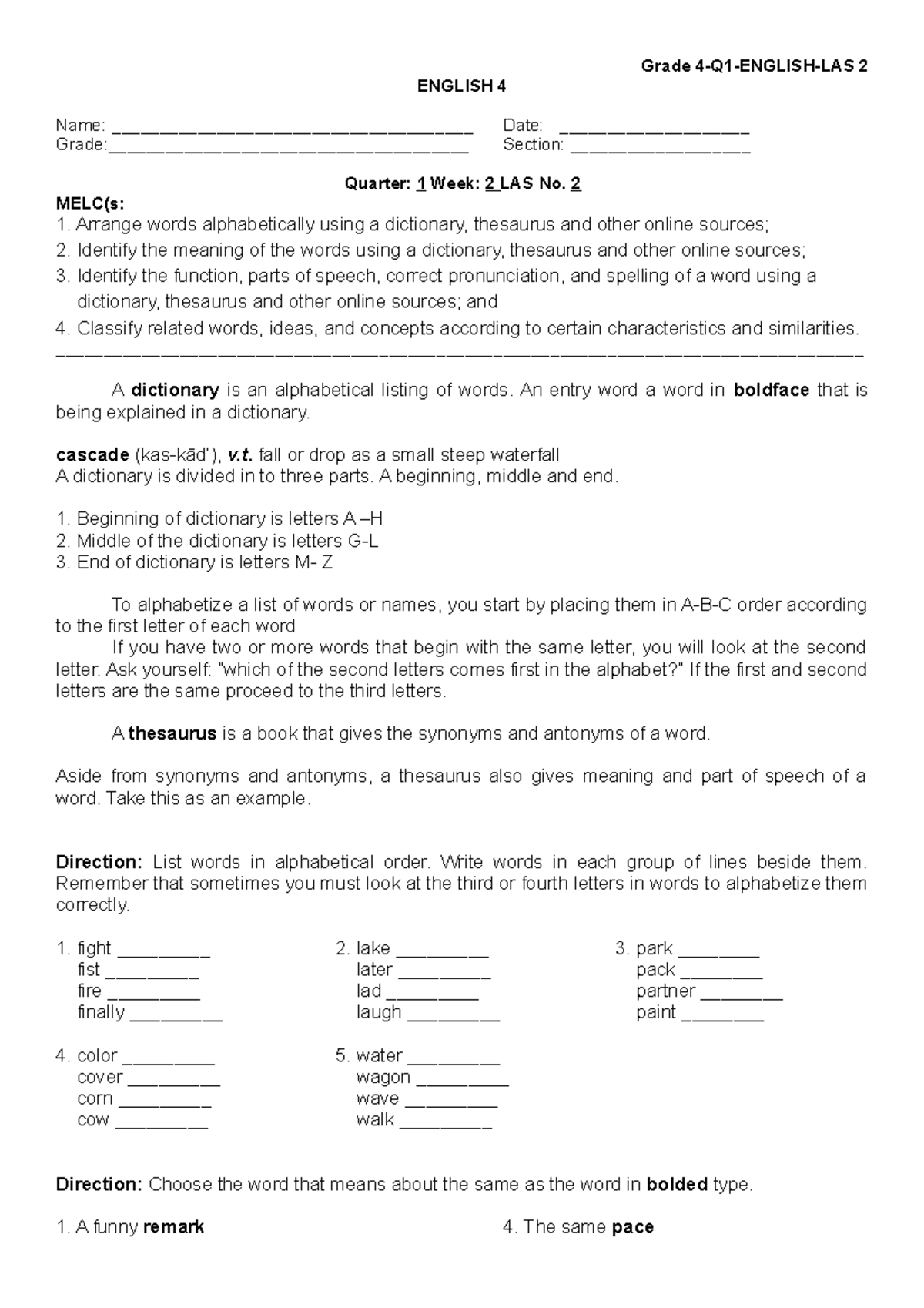 Grade 4 Q1 English LAS Week 2 - Grade 4-Q1-ENGLISH-LAS 2 ENGLISH 4 Name ...