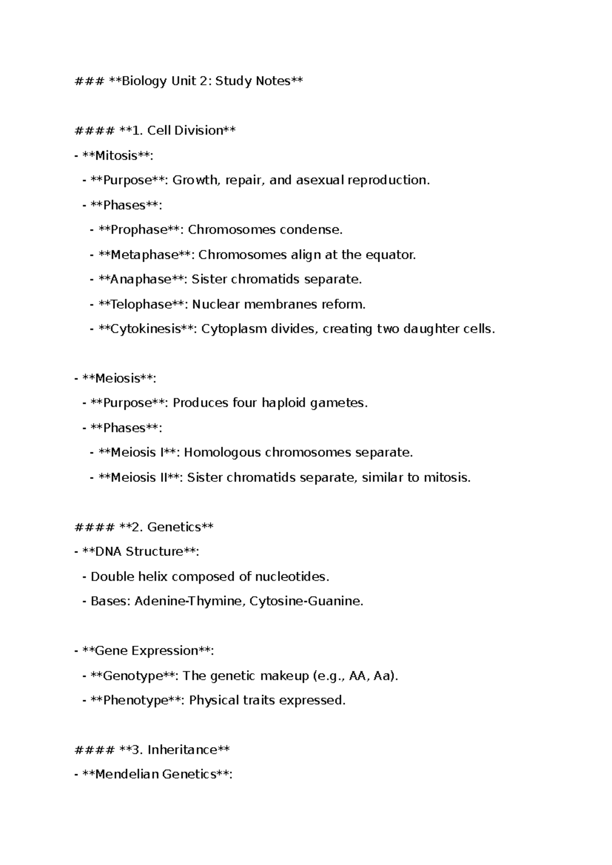 Biology Unit 2 - bio - Biology Unit 2: Study Notes 1. Cell Division ...