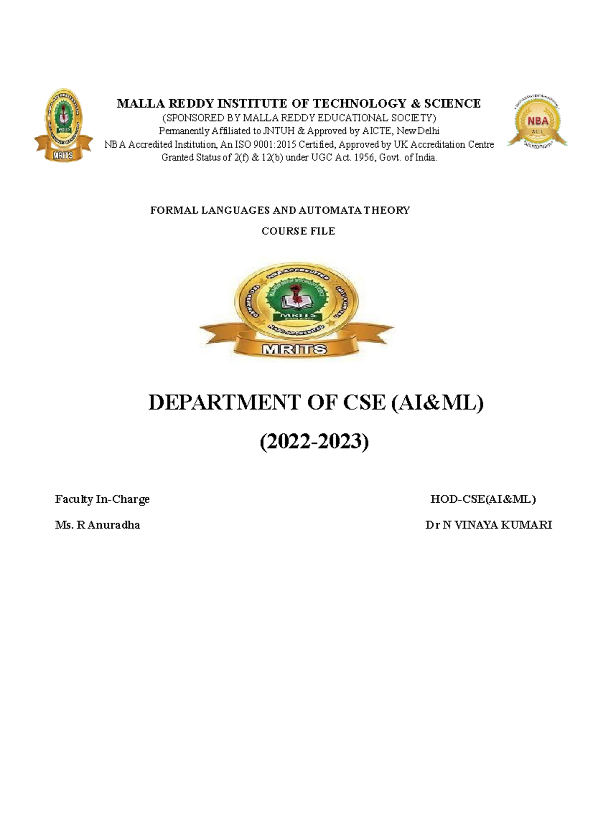 FLAT Course FILE - MALLA REDDY INSTITUTE OF TECHNOLOGY & SCIENCE ...