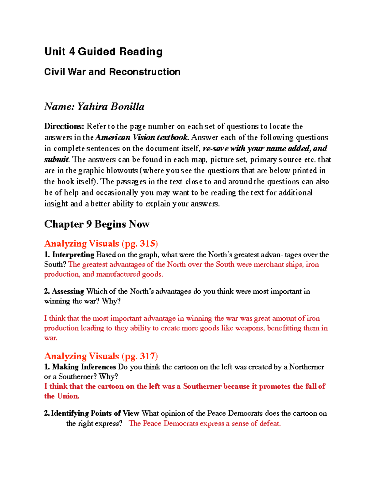 Chapter 9-10 Guided Reading - Unit 4 Guided Reading Civil War and Reconstruction Name: Yahira ...