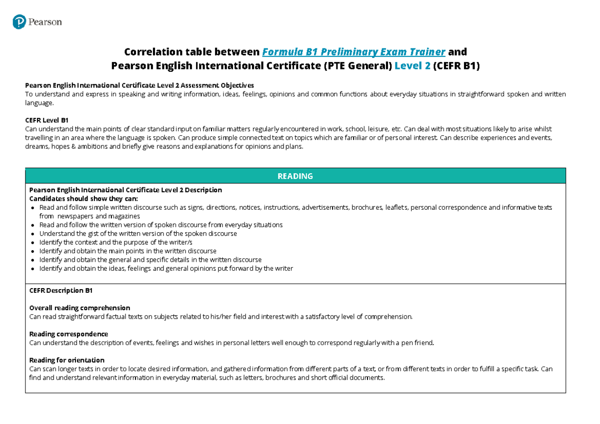 Formula B1 Preliminary Exam Trainer and PEIC - Correlation table ...