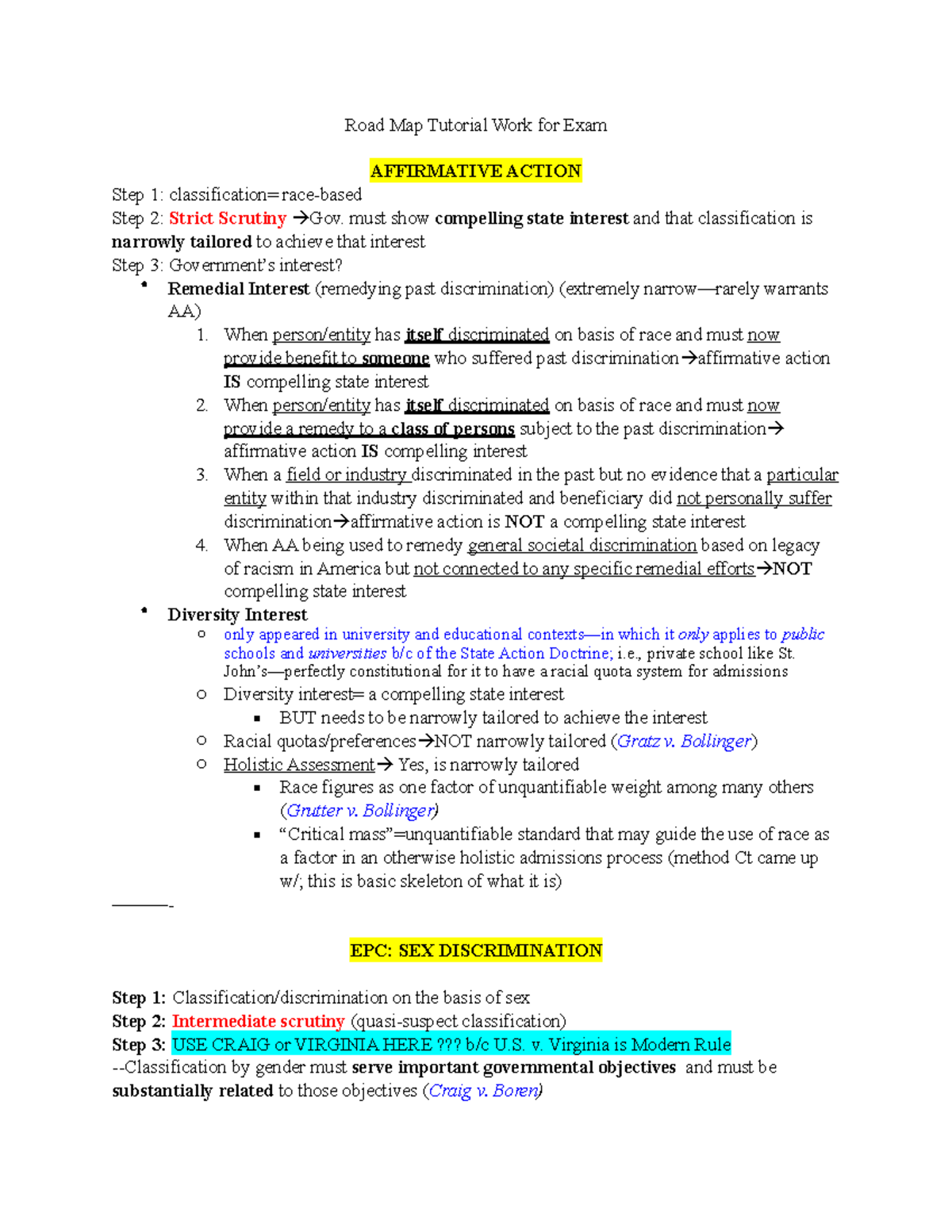 Road Map Tutorial Work For Exam Sex Discrim And Affirmative Action