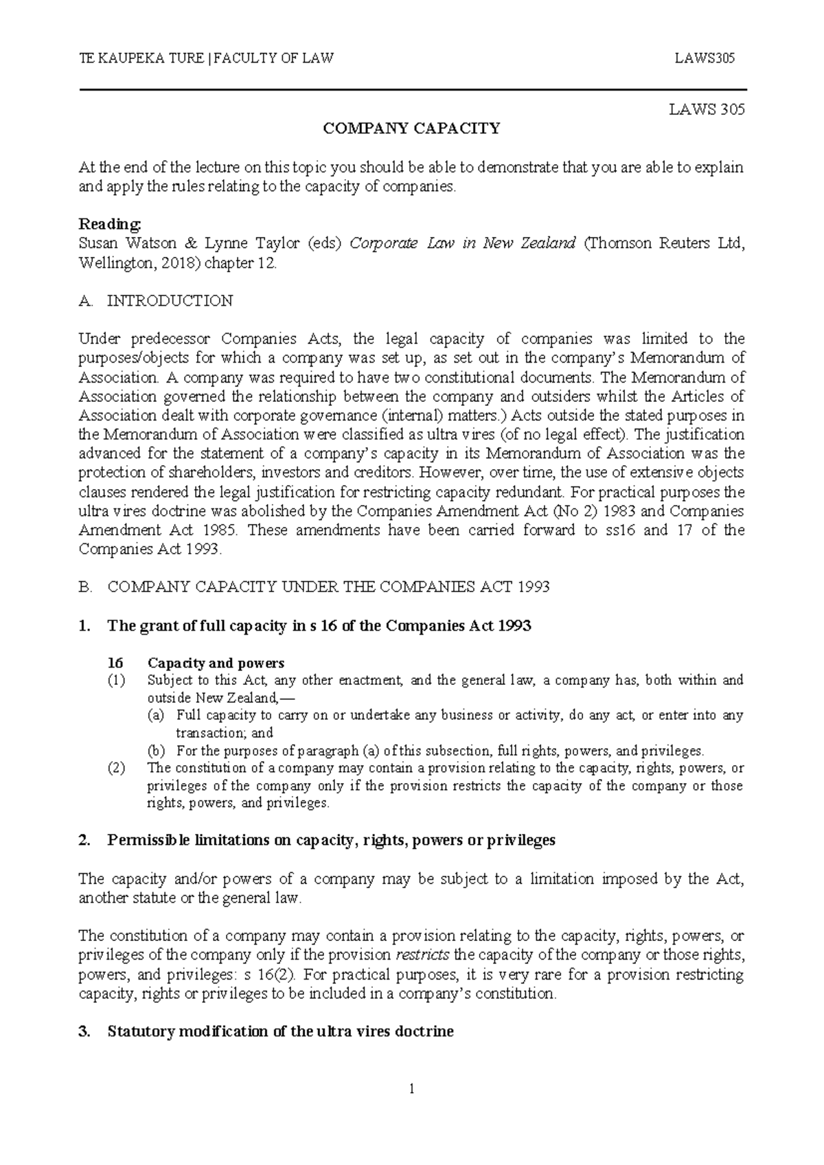 Corporate Capacity Legal Relationships handout - LAWS 305 COMPANY ...