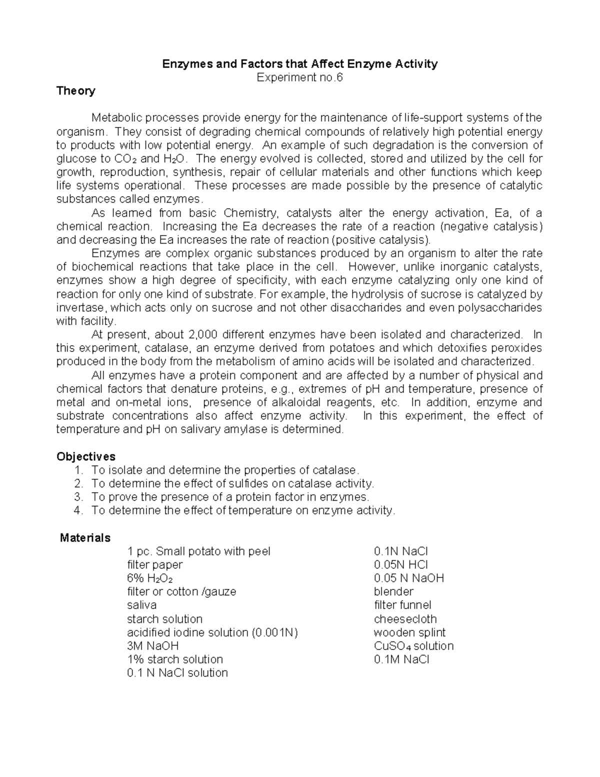 Laboratory 6 Enzymes and Factors that Affect Enzyme Activity - Enzymes ...