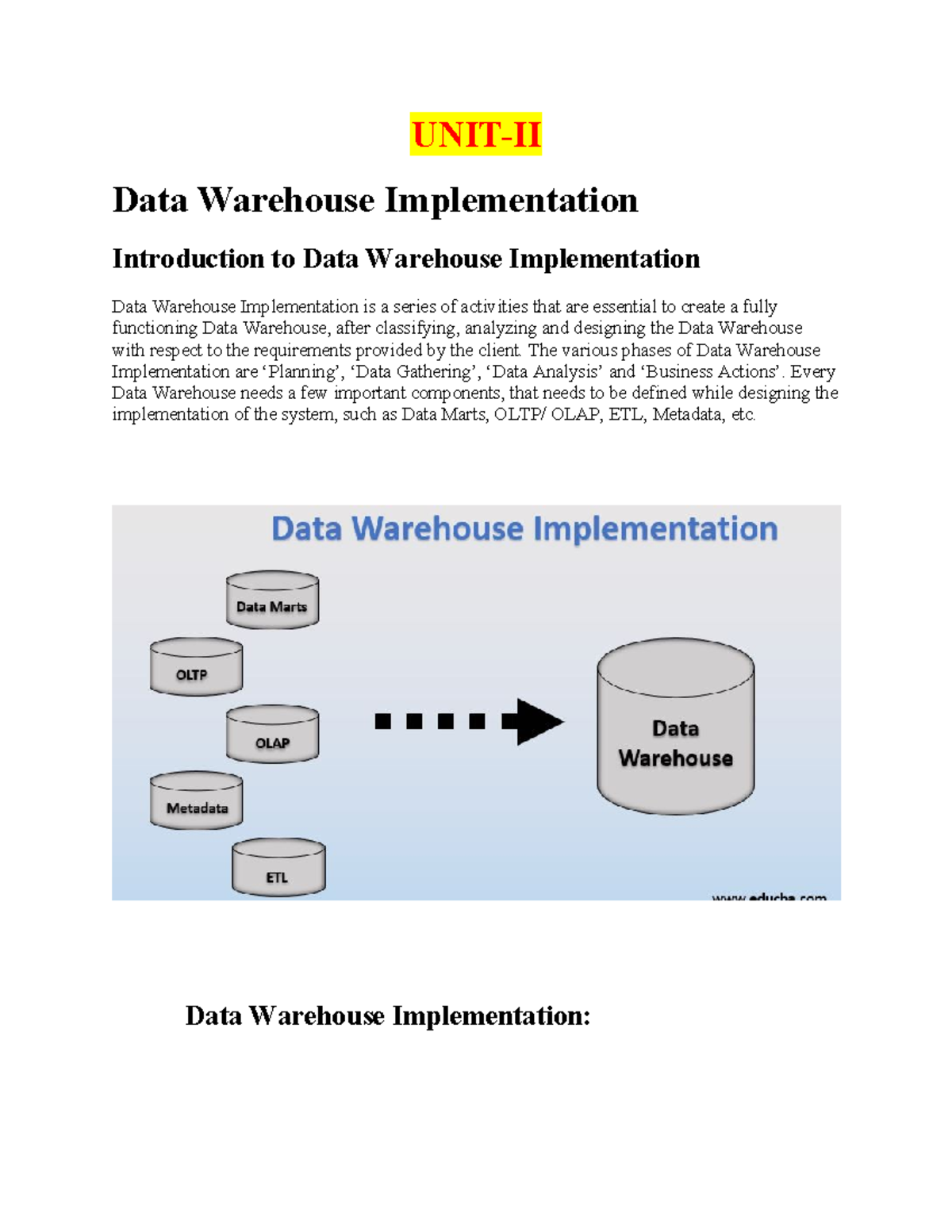 UNIT-II - module 3 notes - UNIT-II Data Warehouse Implementation ...