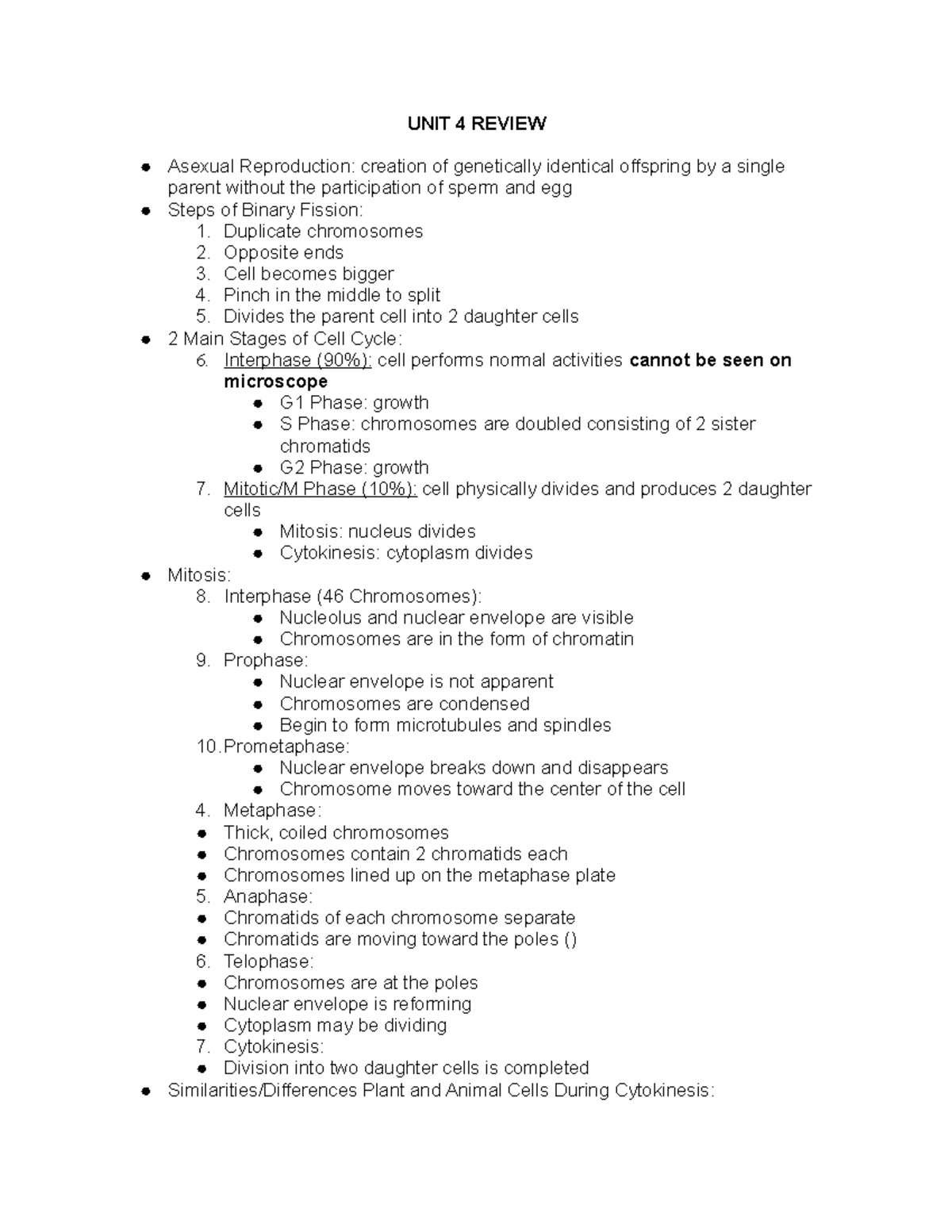 UNIT 4 EXAM Review - UNIT 4 REVIEW Asexual Reproduction: creation of ...