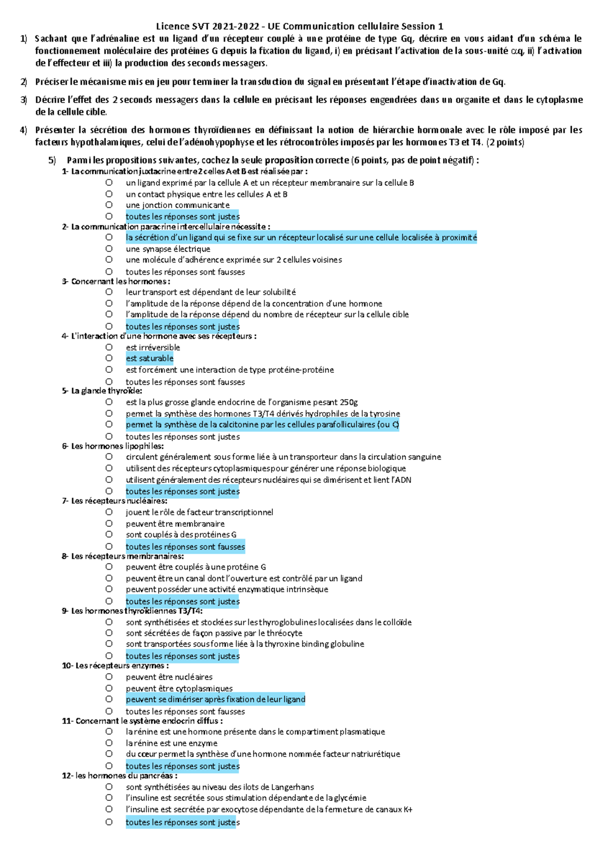 Examen L3 SVT Communication cellulaire - Licence SVT 2021-2022 - UE ...