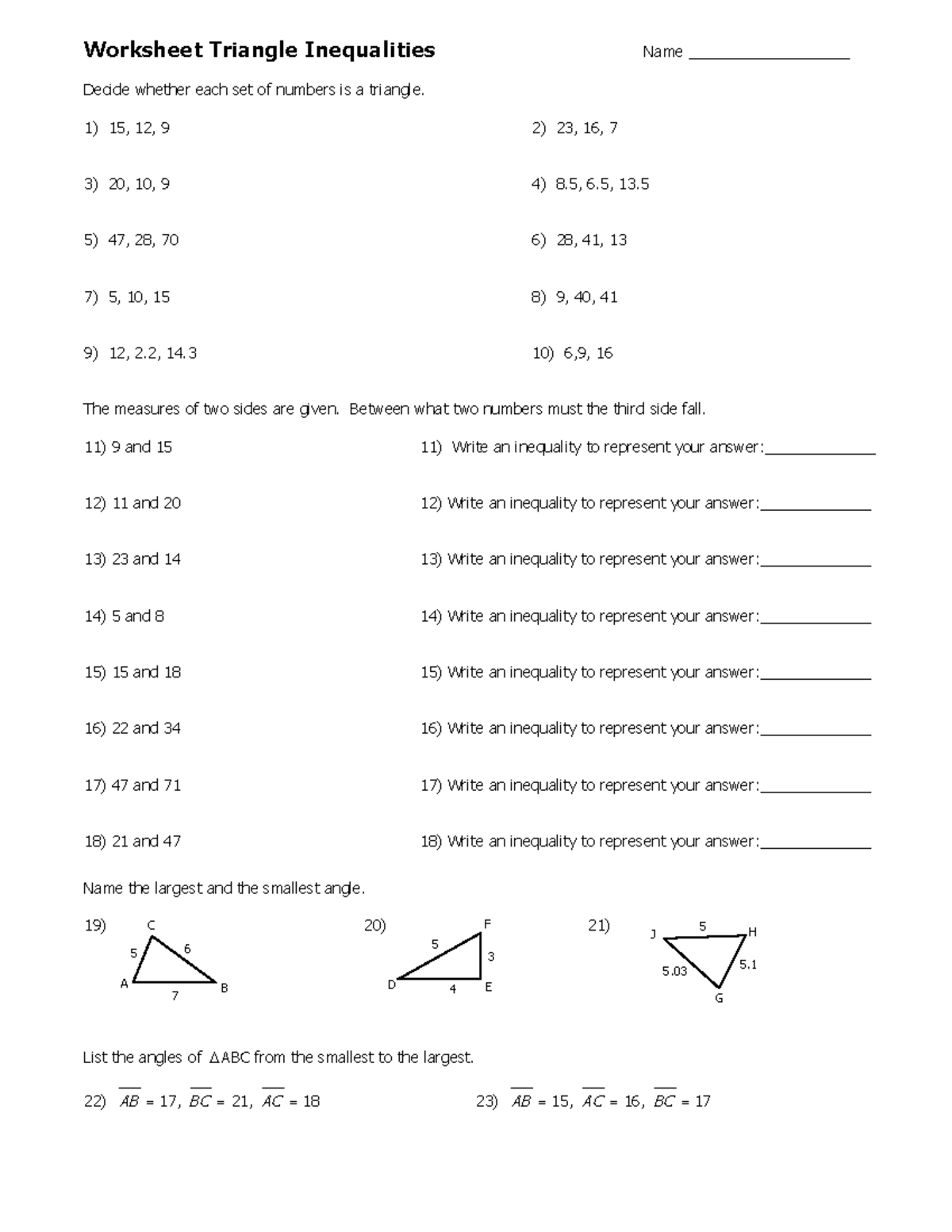 Easy Triangle Inequalities - Worksheet Triangle Inequalities Name ...