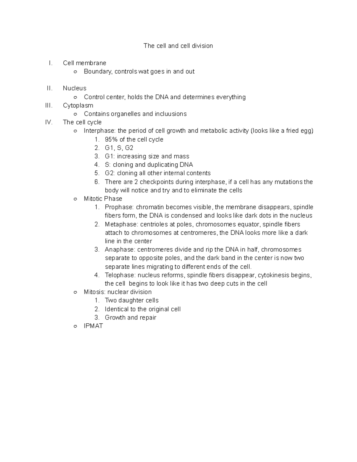 The cell and cell division notes - The cell and cell division I. Cell ...