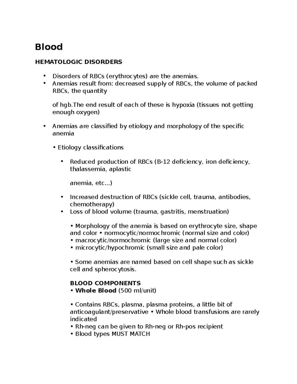 Blood - Weeks - Blood HEMATOLOGIC DISORDERS Disorders of RBCs ...
