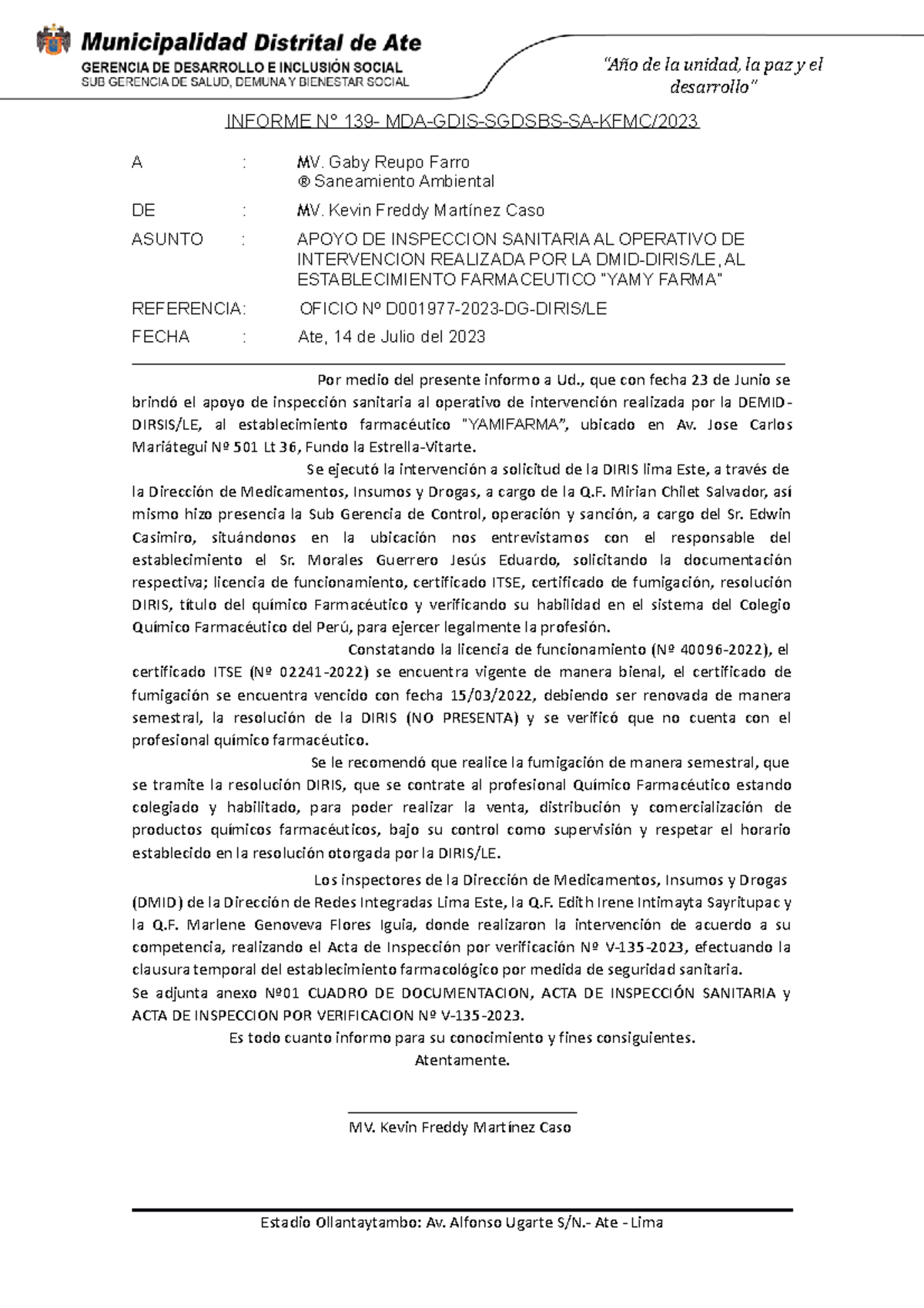Informe N 139-23 KFMC - OROFARINJE - INFORME N° 139- MDA-GDIS-SGDSBS-SA ...