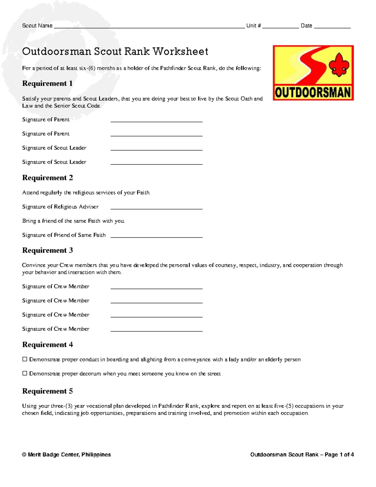 Ws rnk advoutdoorsman - handle - Outdoorsman Scout Rank Worksheet For a ...