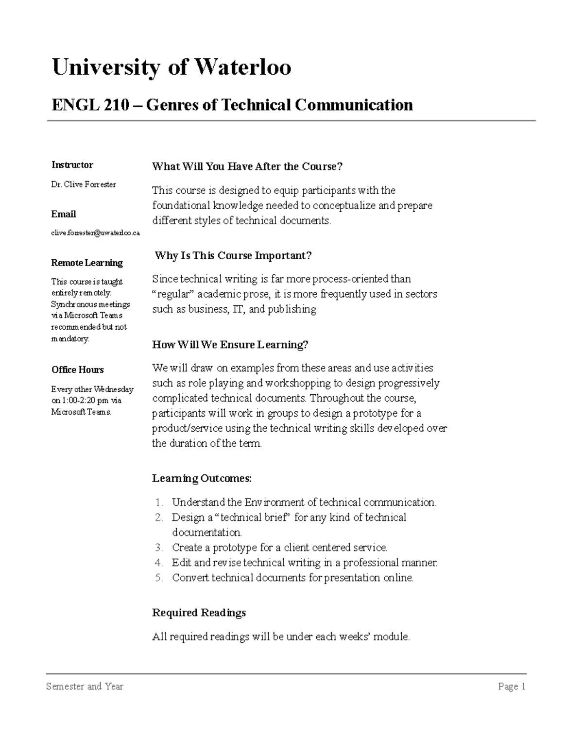 Syllabus redesign assingment - Engl 210E - UWaterloo - Studocu