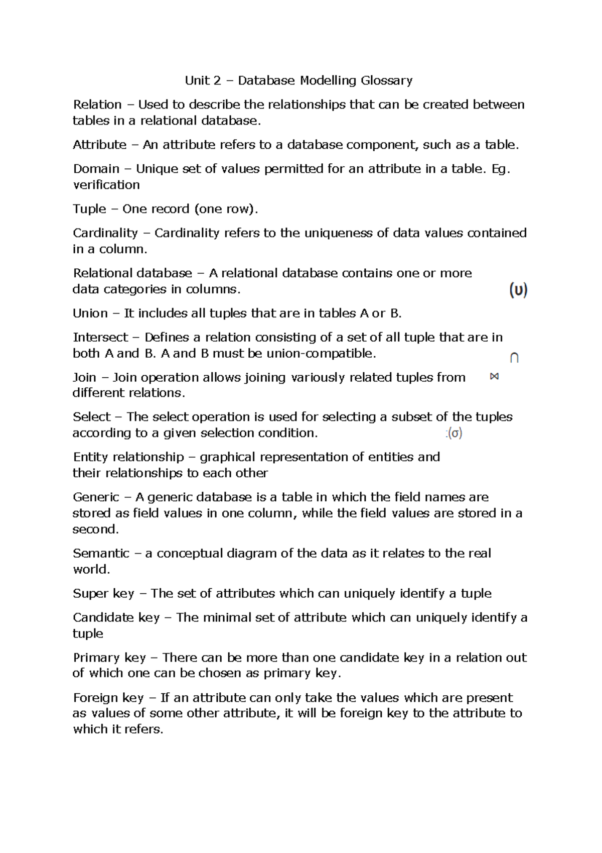 Database glossary - Unit 2 – Database Modelling Glossary Relation ...