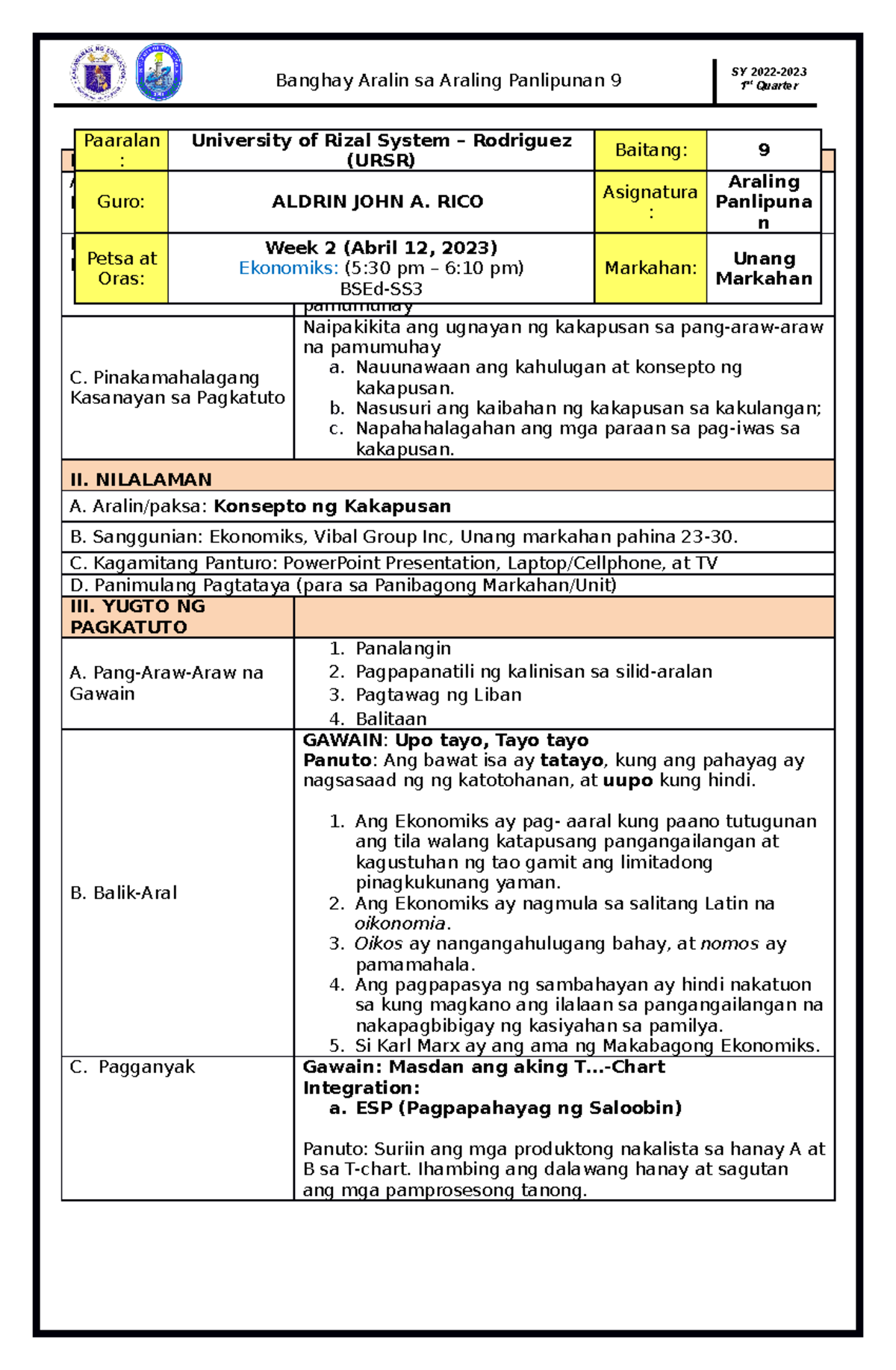 Aldrin John Rico - Grade 9 Lesson-Plan in SSE115 - Banghay Aralin sa ...