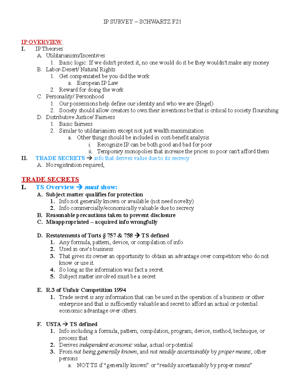 Intellectual Property Survey Outline - IP OVERVIEW I. IP Theories A ...