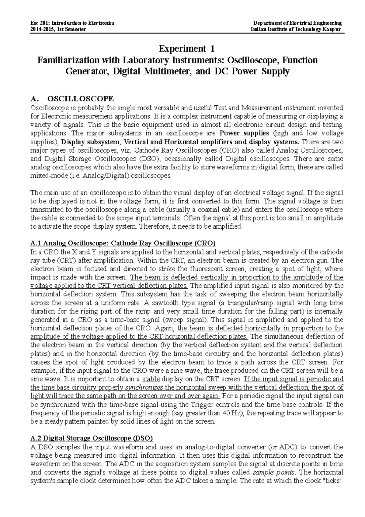 Experiment 1 familiarization with laboratory instruments oscilloscope function generator digital ...