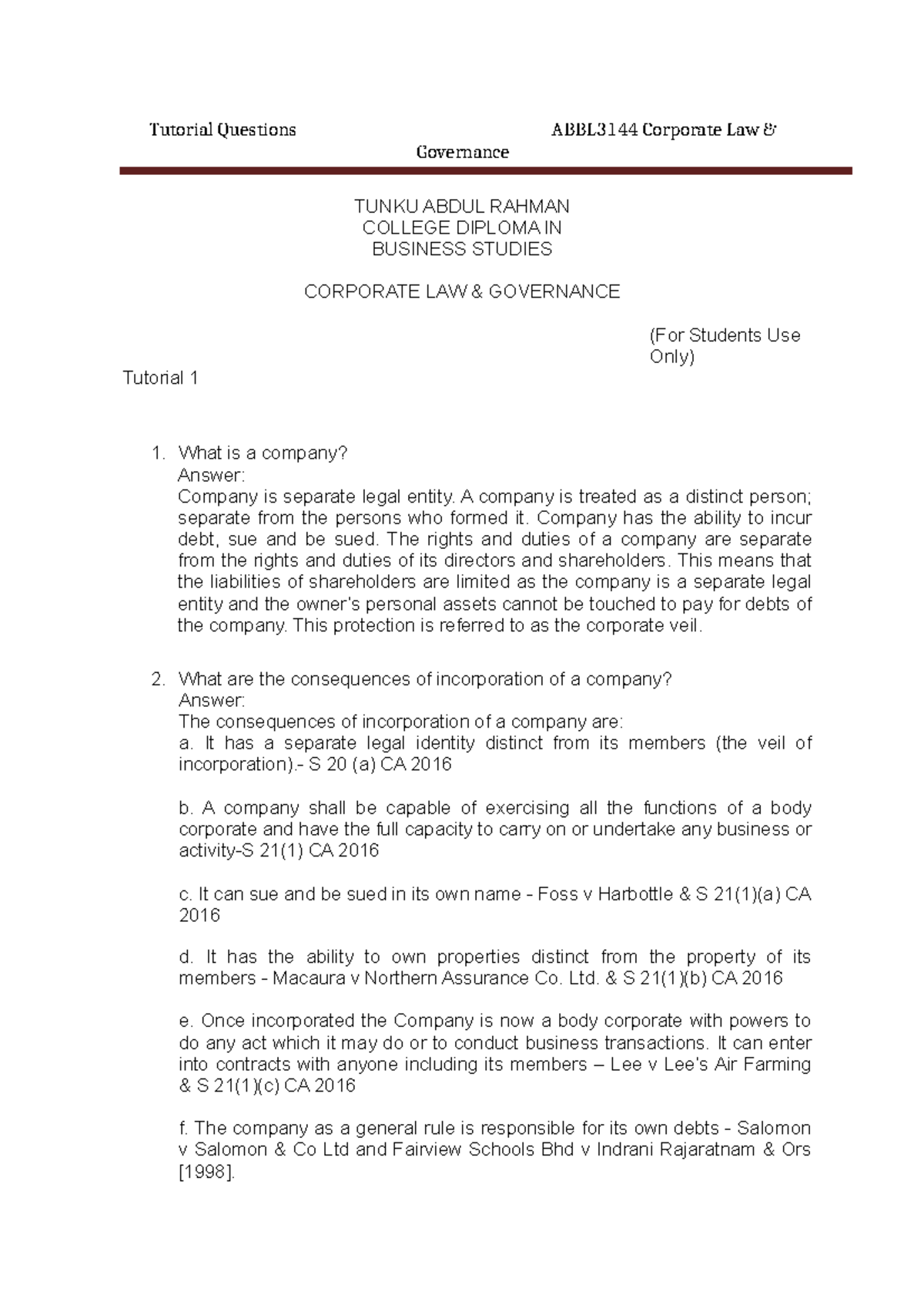 ABBL Corporate law and governance Tutorial 1 - Tutorial Questions ABBL3144 Corporate Law & - Studocu