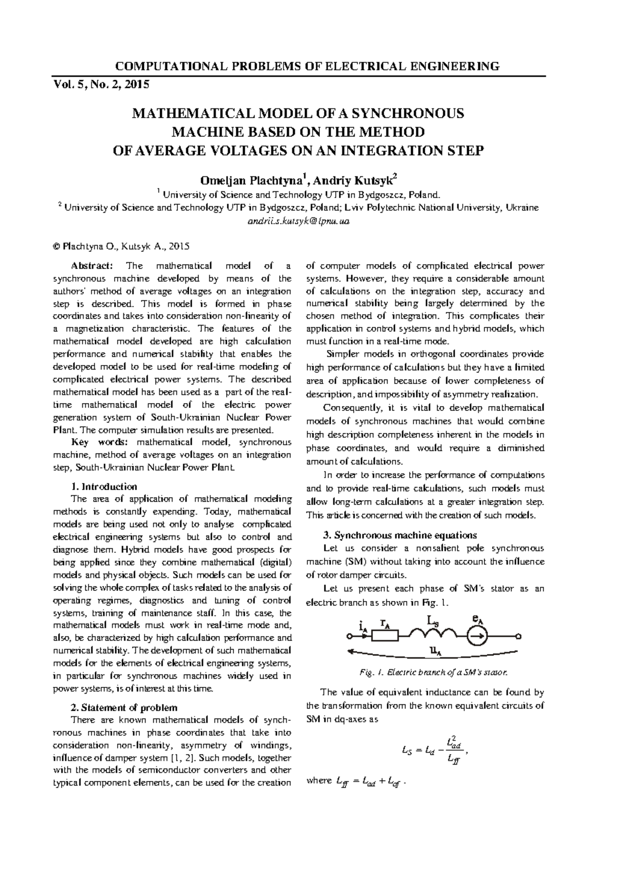 Psoc mathematical eq of synchronous machine - COMPUTATIONAL PROBLEMS OF ELECTRICAL ENGINEERING ...