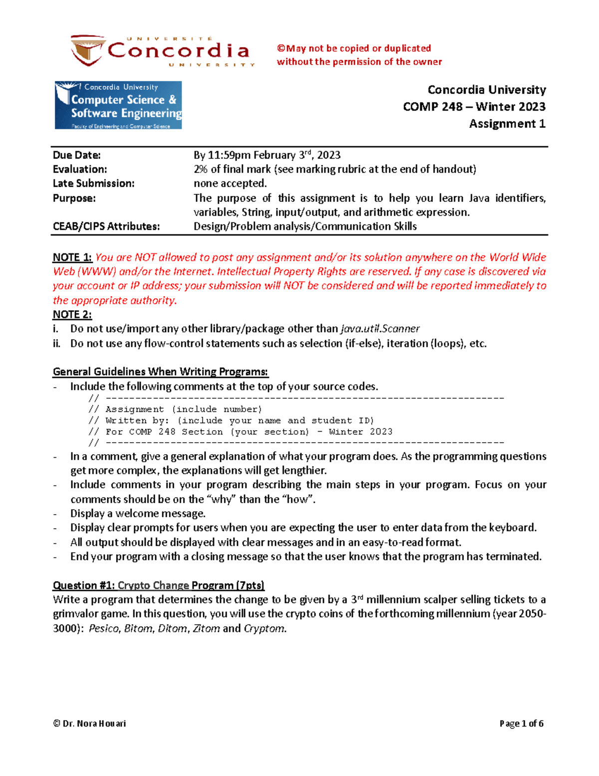 COMP248 A1 W2023 - Assignment1 winter 2023 - without the permission of ...