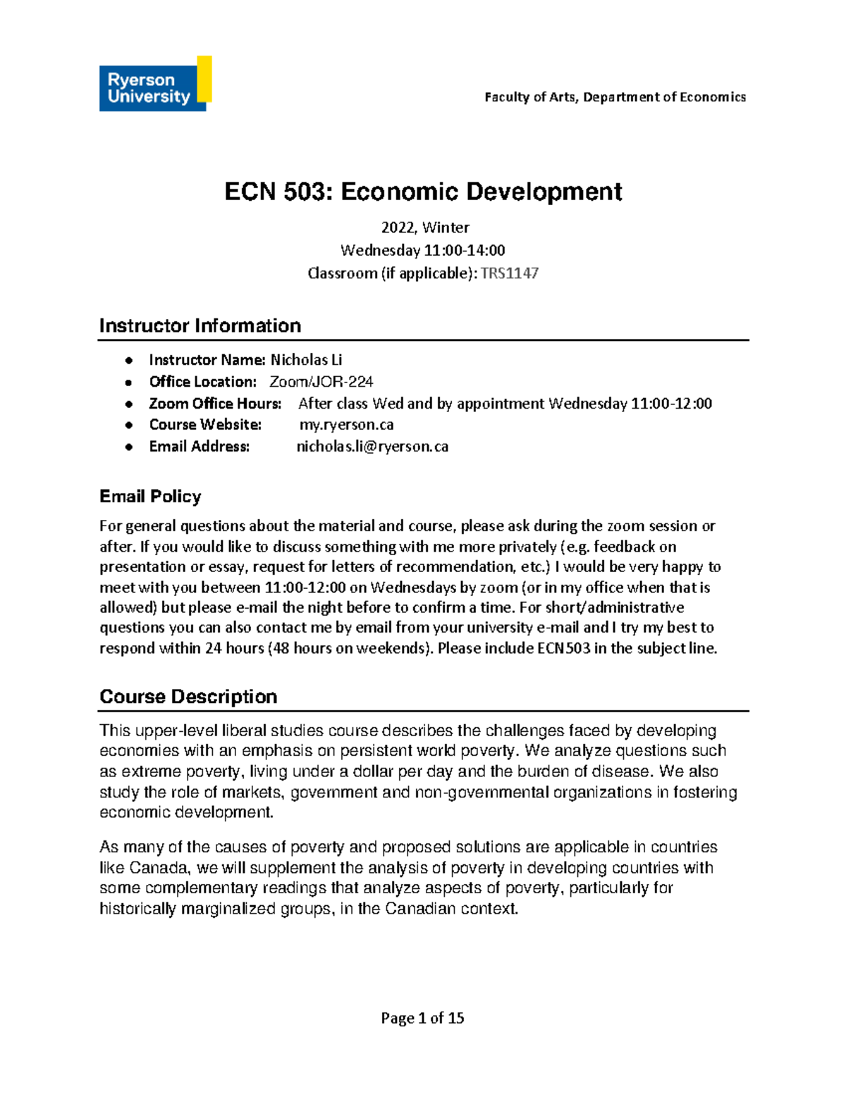ECN503 Course Outline Winter 2022 - Faculty of Arts, Department of ...
