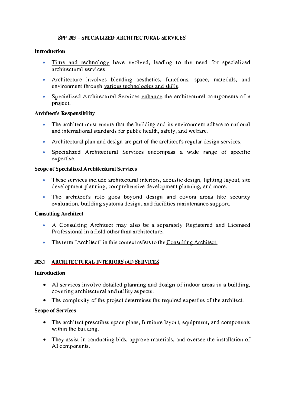SPP 203 - 204 A and B - help - SPP 203 – SPECIALIZED ARCHITECTURAL SERVICES Introduction - Time ...
