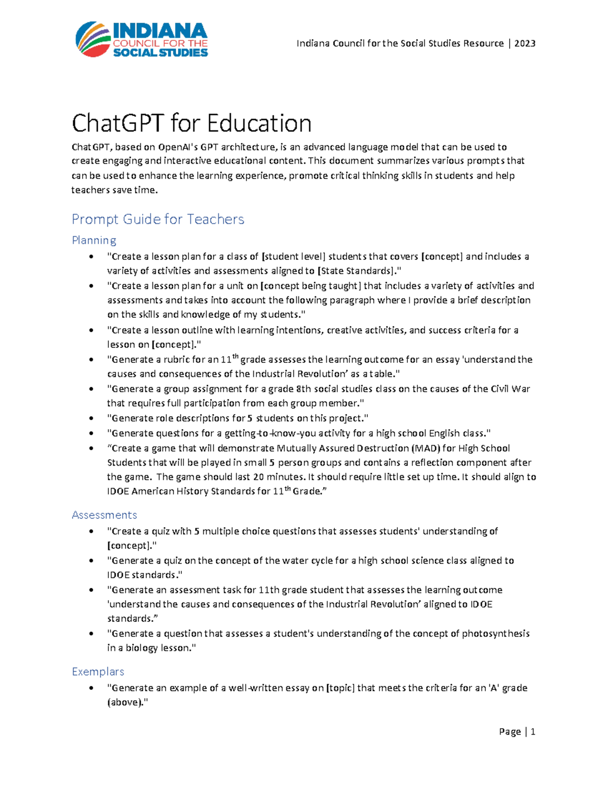 Chat GPT Prompt Guide - Indiana Council for the Social Studies Resource ...