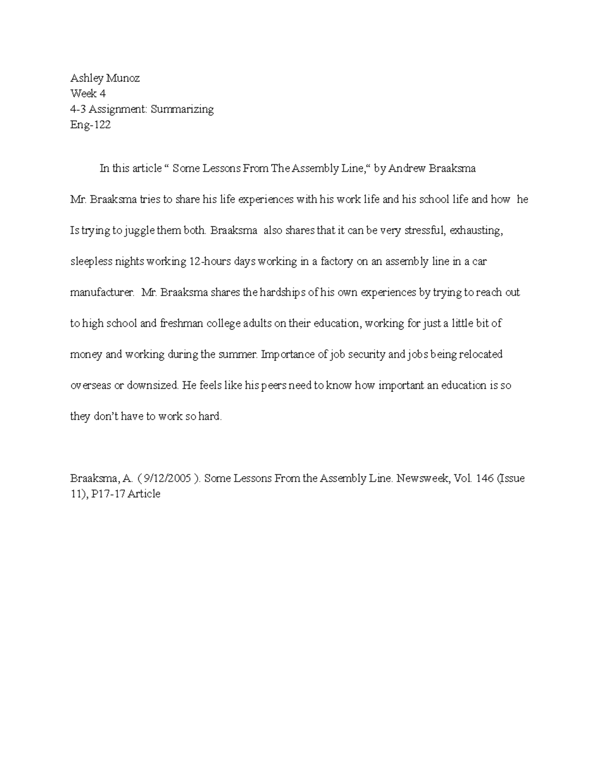 Eng-122 week4 4-3 assignment summarizing - Ashley Munoz Week 4 4-3 Assignment: Summarizing Eng ...