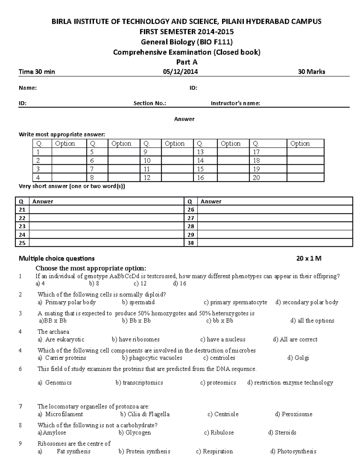 Comp Question BIO F111 part 1 Set B - BIRLA INSTITUTE OF TECHNOLOGY AND SCIENCE, PILANI ...