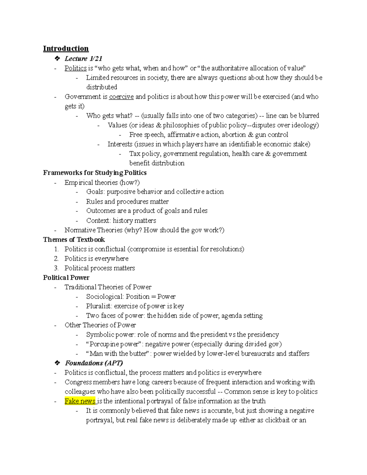 Notes #1 (Intro-Congress) - Introduction Lecture 1/ Politics is “who ...
