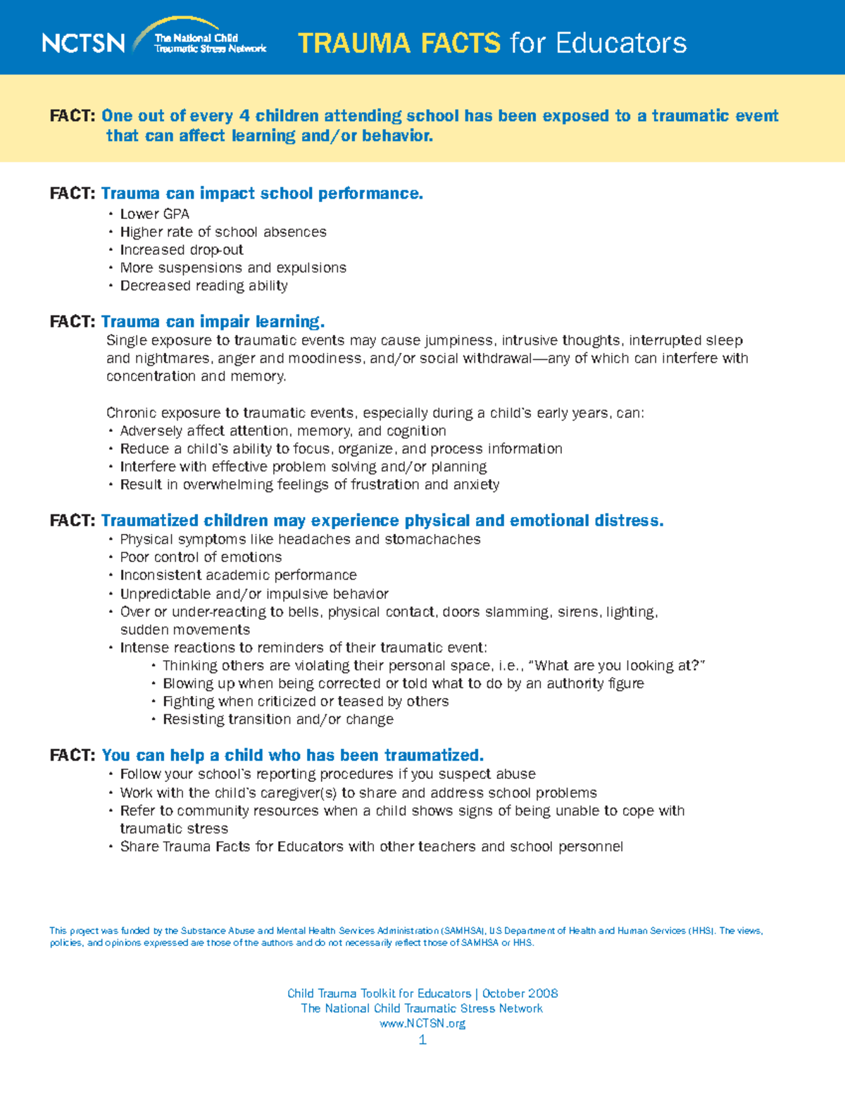 Trauma facts for educators - Child Trauma Toolkit for Educators ...