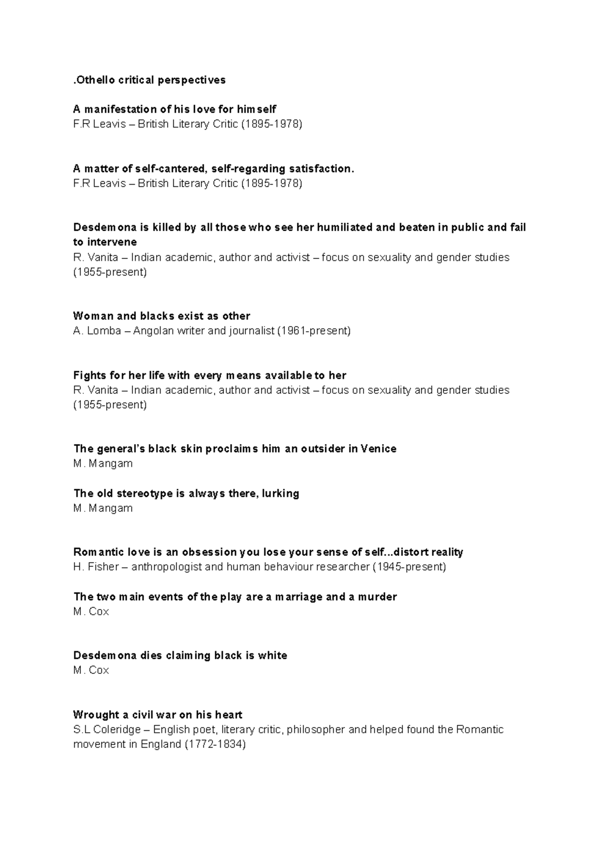 Othello critic quotes - critical perspectives - .Othello critical ...