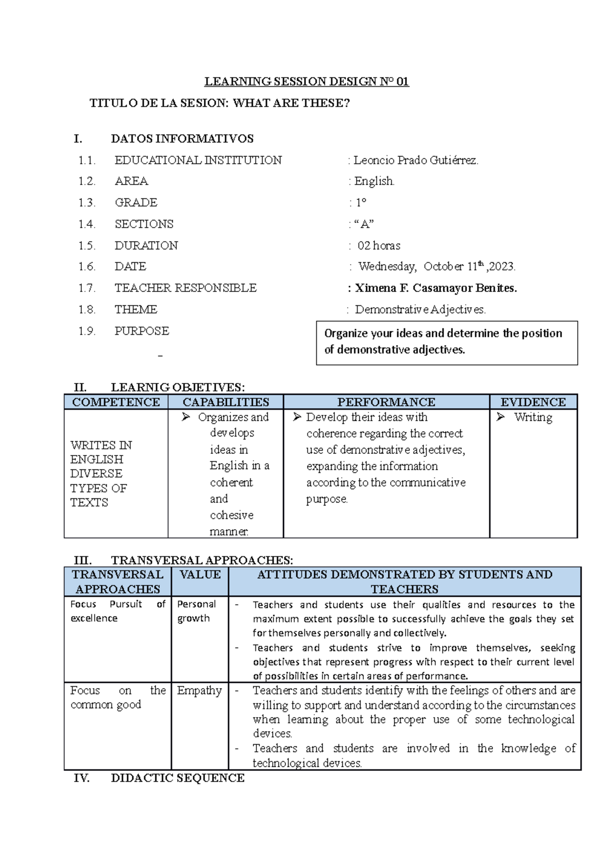 U6- Learning Session 01 - LEARNING SESSION DESIGN N° 01 TITULO DE LA ...