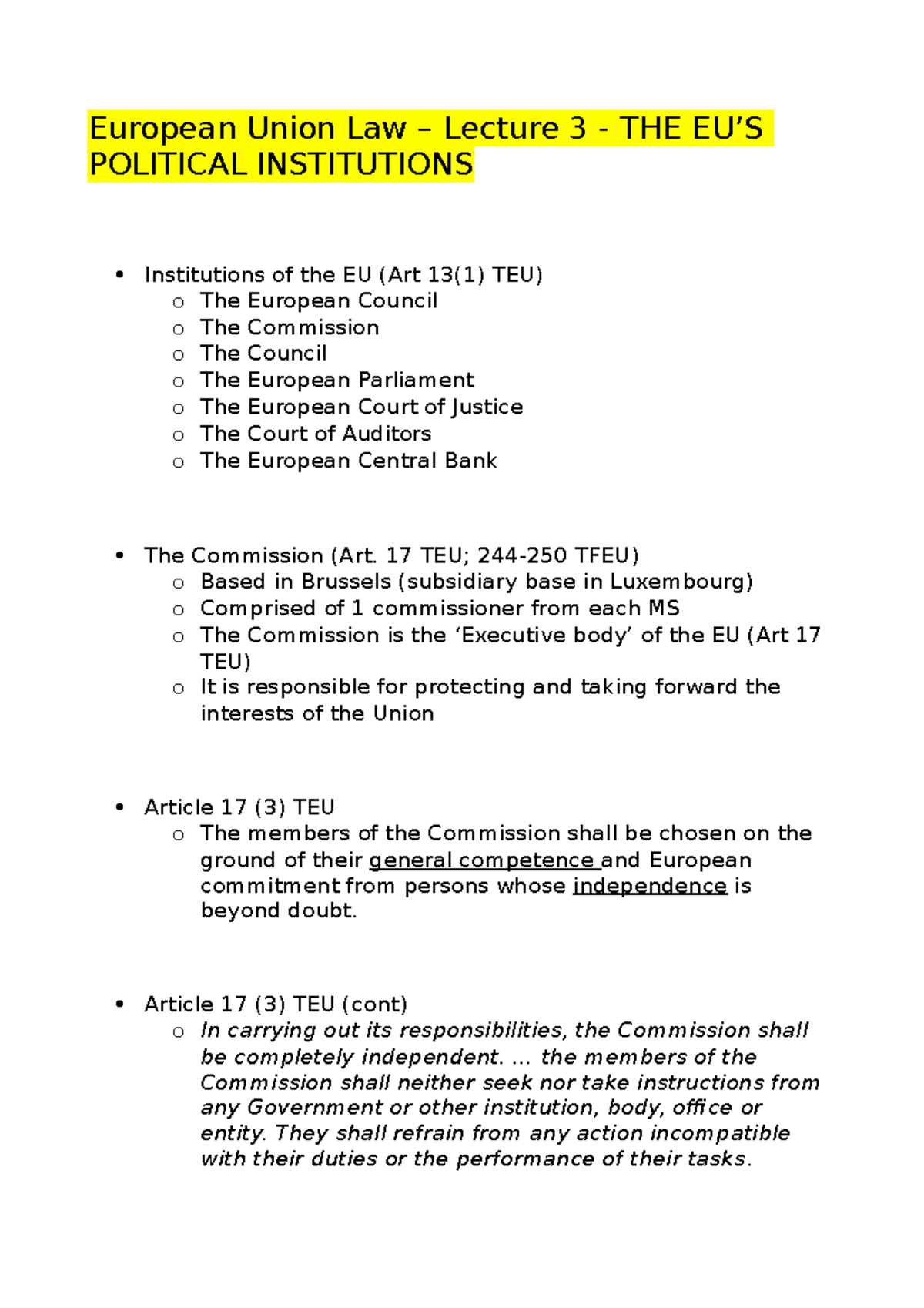 Lecture 3 - EU political institution - European Union Law – Lecture 3 ...