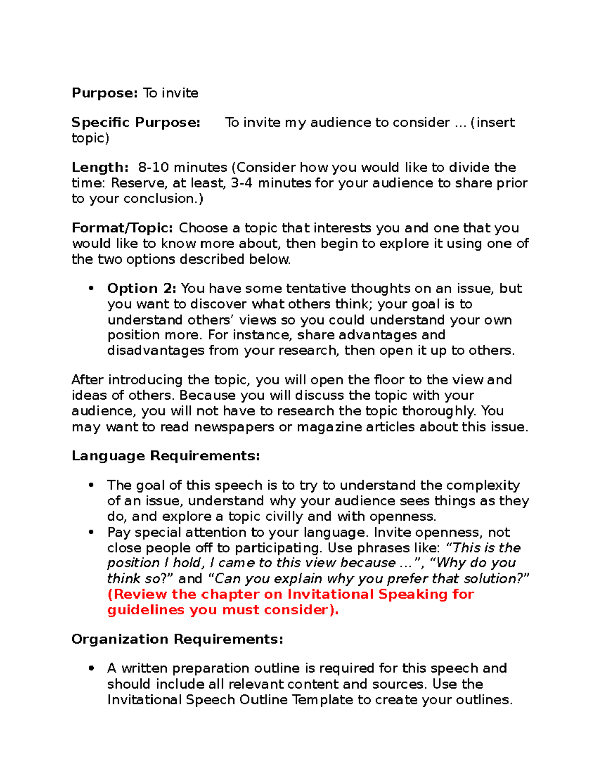 Invitational speech outline - Purpose: To invite Specific Purpose: To ...