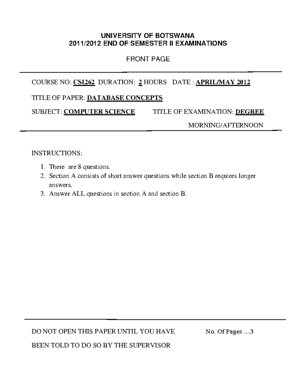 Database Concepts Exam - UNIVERSITY OF BOTSWANA 2011/2012 END OF ...