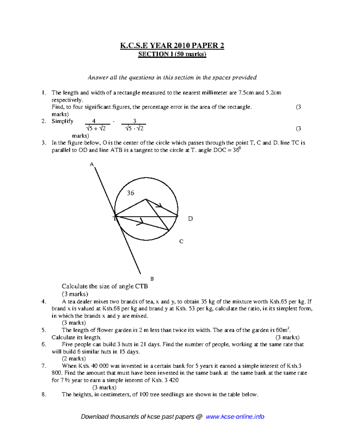 2010 Maths P2 Questions - K.C.S YEAR 2010 PAPER 2 SECTION I (50 marks) Answer all the questions ...