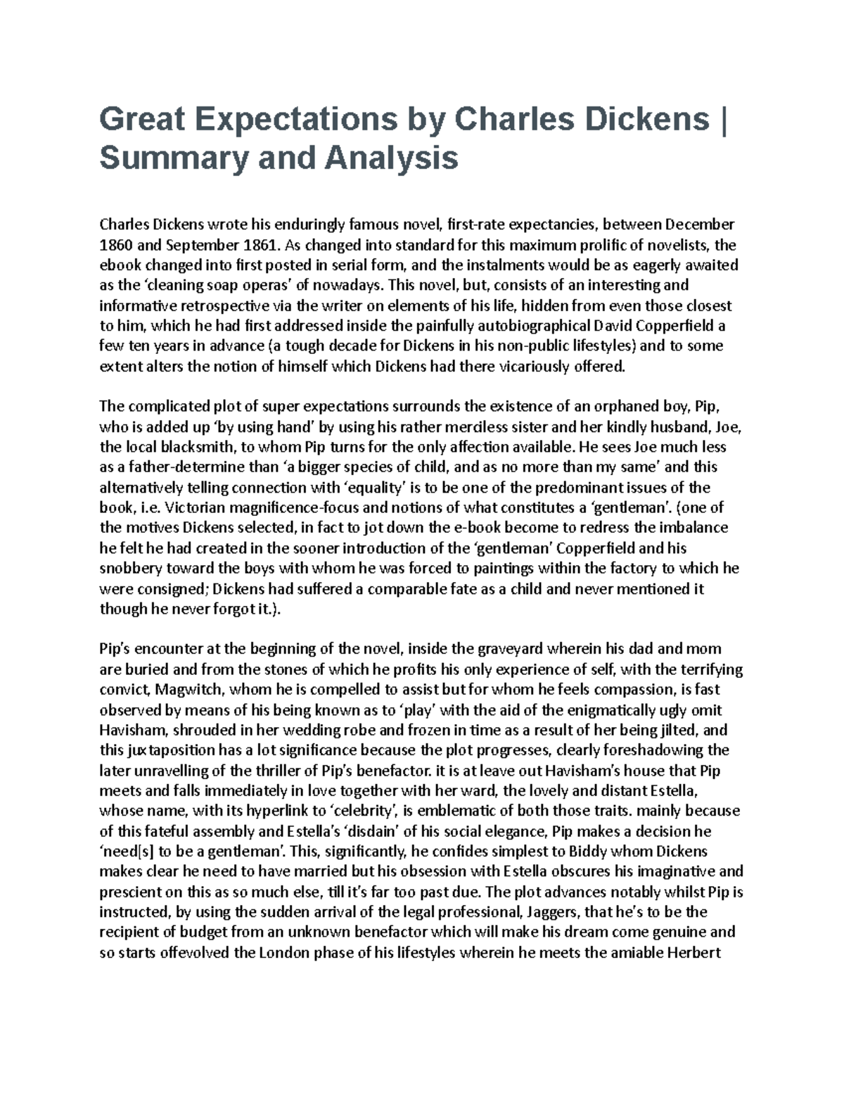 Great Expectations by Charles Dickens Summary and Analysis - As changed ...