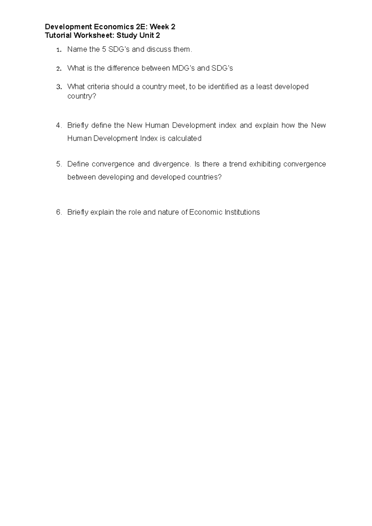 Eco 2E tutorial worksheet 2 2024 - Development Economics 2E: Week 2 ...