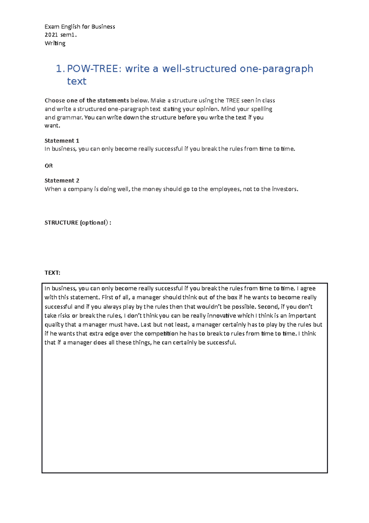 Writing exam djddldllkd - Exam English for Business 2021 sem1. Writing ...