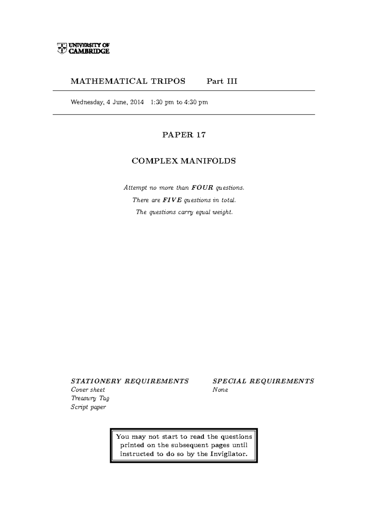 Exam 4 June 2014, questions - MATHEMATICAL TRIPOS Part Wednesday, 4 ...