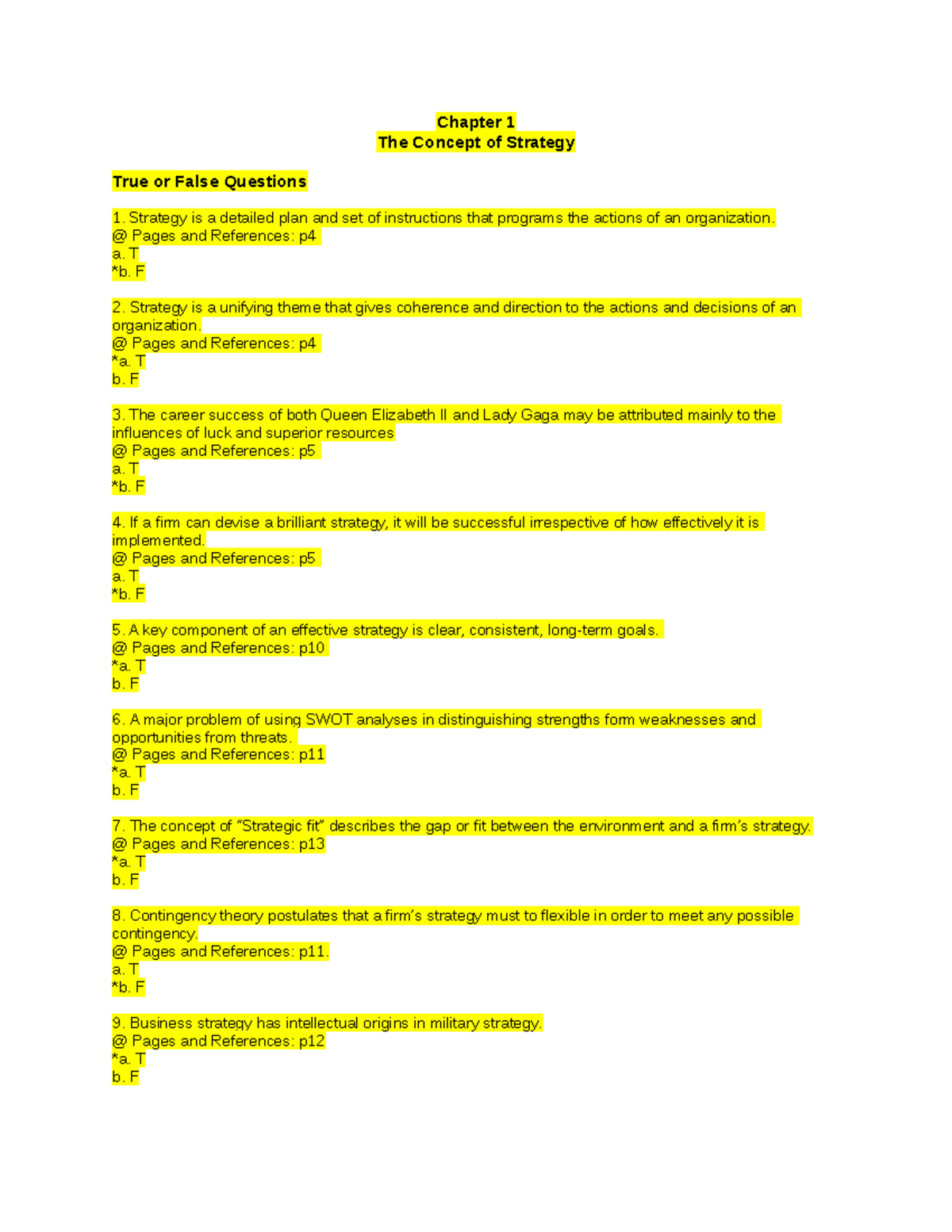 Master KEY - Chapter 1 The Concept of Strategy True or False Questions ...