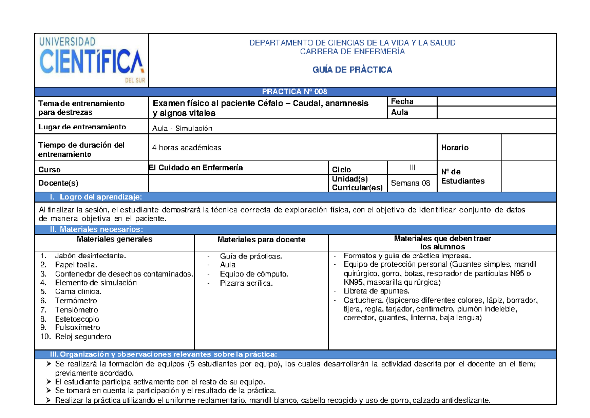 GUÍA Cuidado DE Enfermería SEM-8 Sesión-8 2024 1 - DEPARTAMENTO DE ...