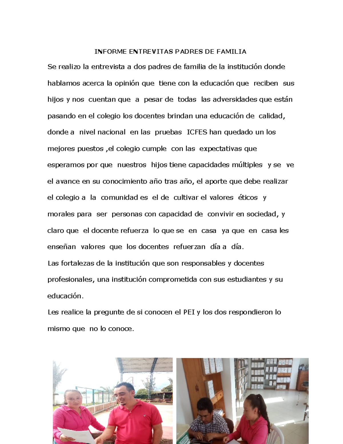 Informe Entrevista Padres DE Familia - INFORME ENTREVITAS PADRES DE ...