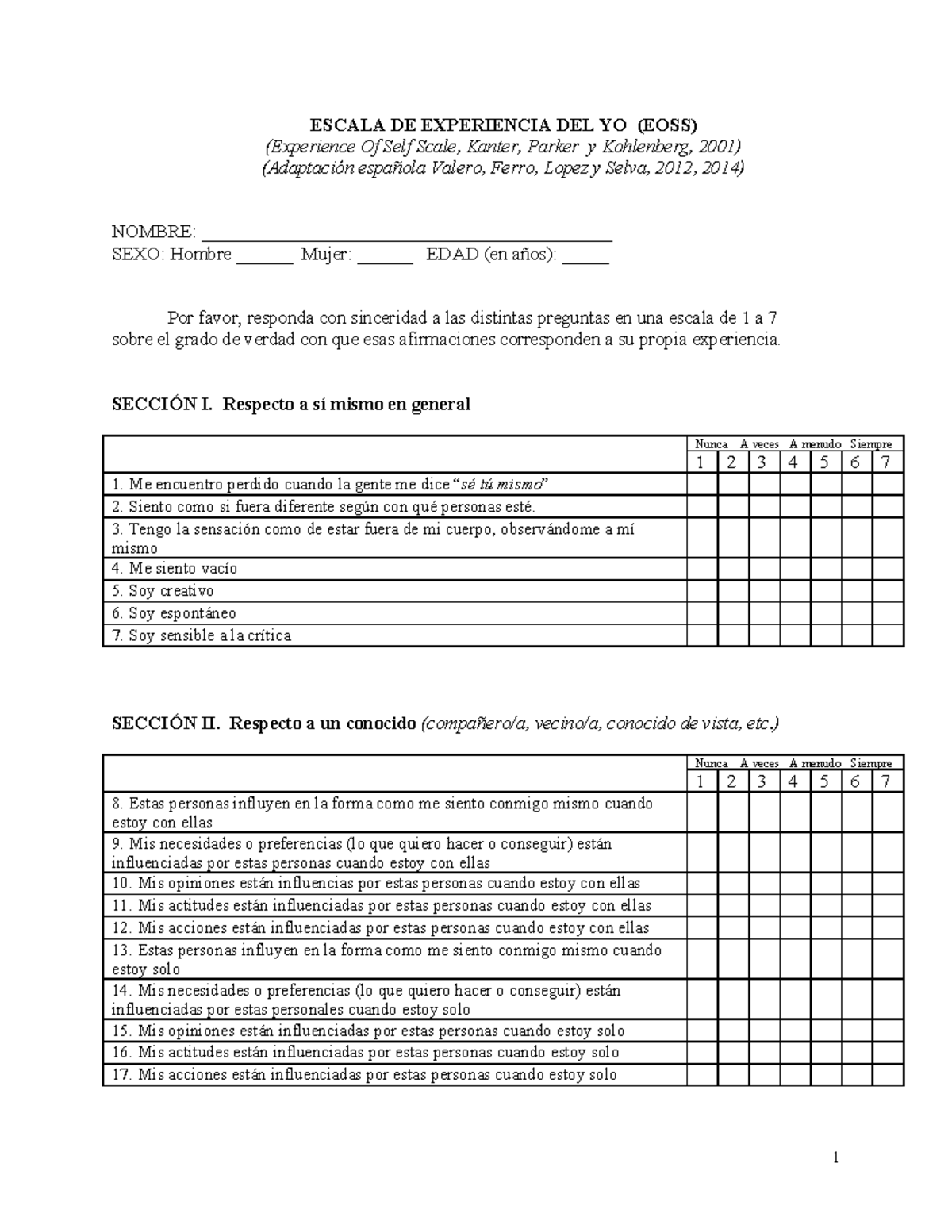 Escala EOSS (Experiencia del yo) - ESCALA DE EXPERIENCIA DEL YO (EOSS ...