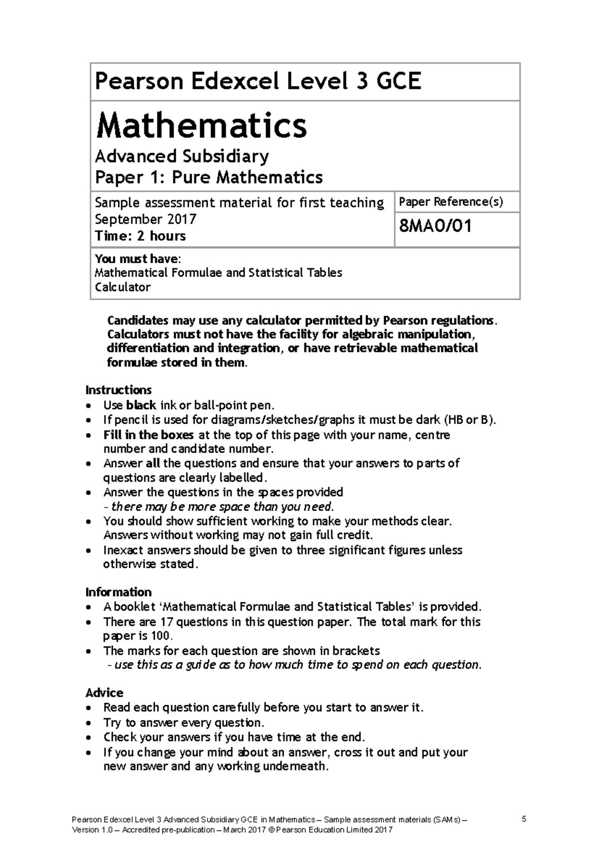 8MA01 SAM QU - awf - Pearson Edexcel Level 3 GCE Mathematics Advanced Subsidiary Paper 1: Pure ...